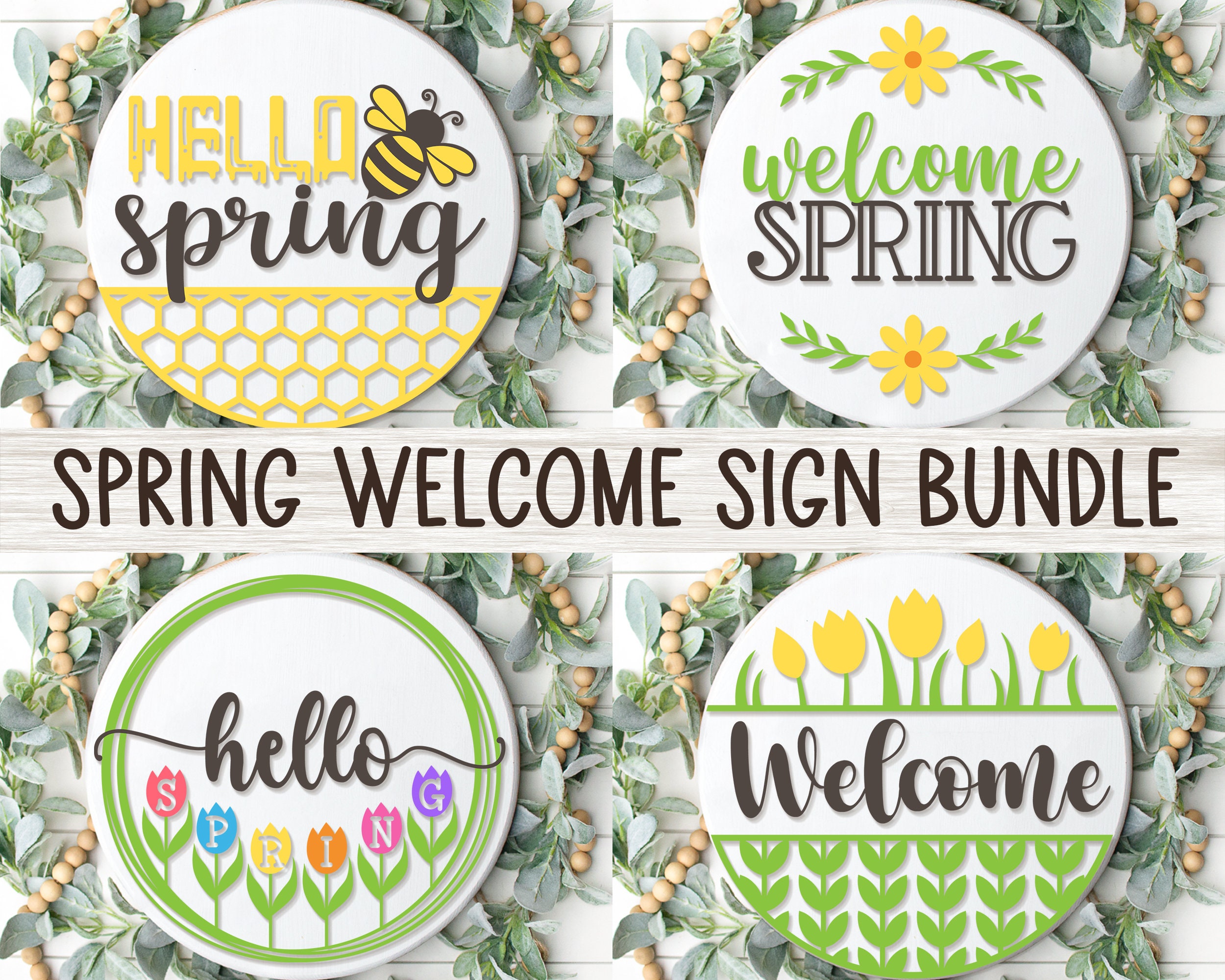Spring Welcome Sign Bundle Round Door Hanger SVG Spring Sign - Etsy