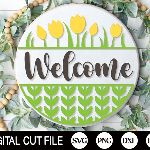 Spring Welcome Sign SVG Round Door Hanger SVG Spring Sign - Etsy