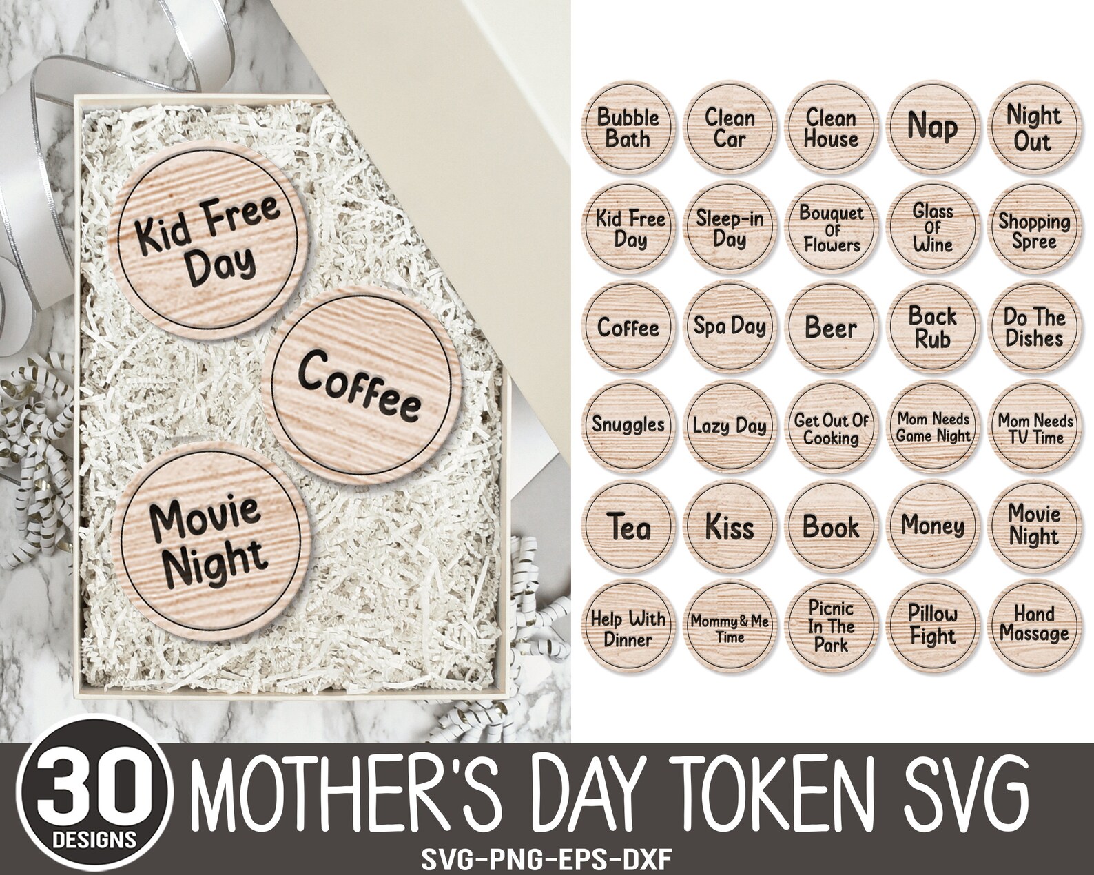 Mother's Day Token SVG, Set of 30 Laser Cut File, Mothers Day Svg, Mama ...