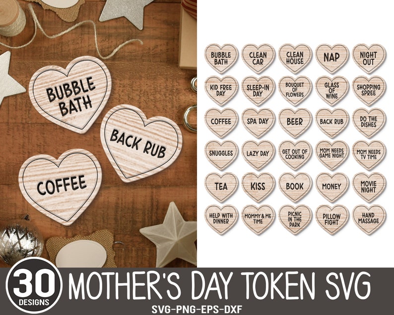 30 Mother's Day Heart Token SVG Token Laser Cut File - Etsy