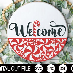 Peppermint Round Welcome Sign SVG, Christmas Door Hanger SVG, Candy Svg ...