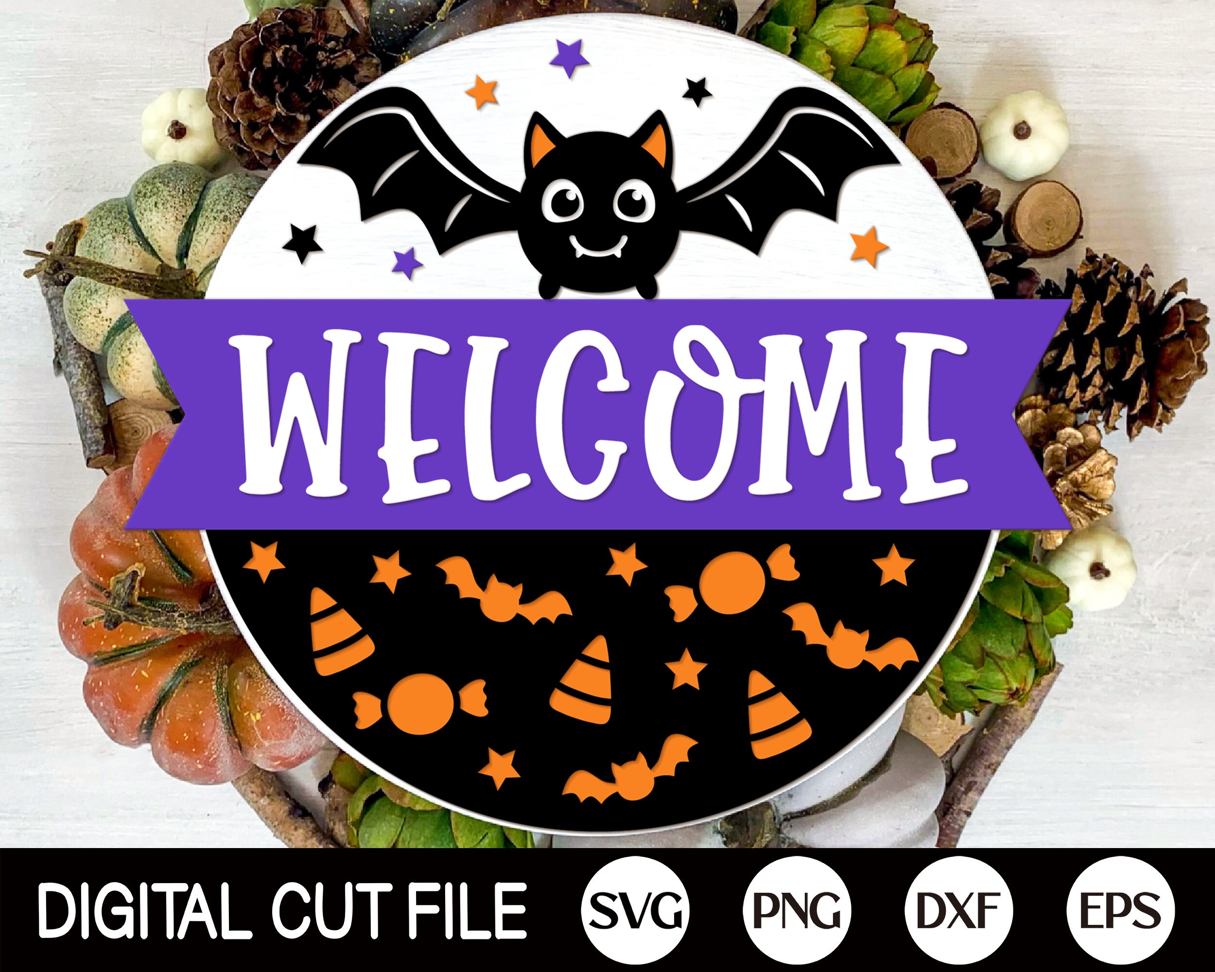 Halloween Bat Welcome Sign SVG Halloween Door Hanger SVG Bat - Etsy