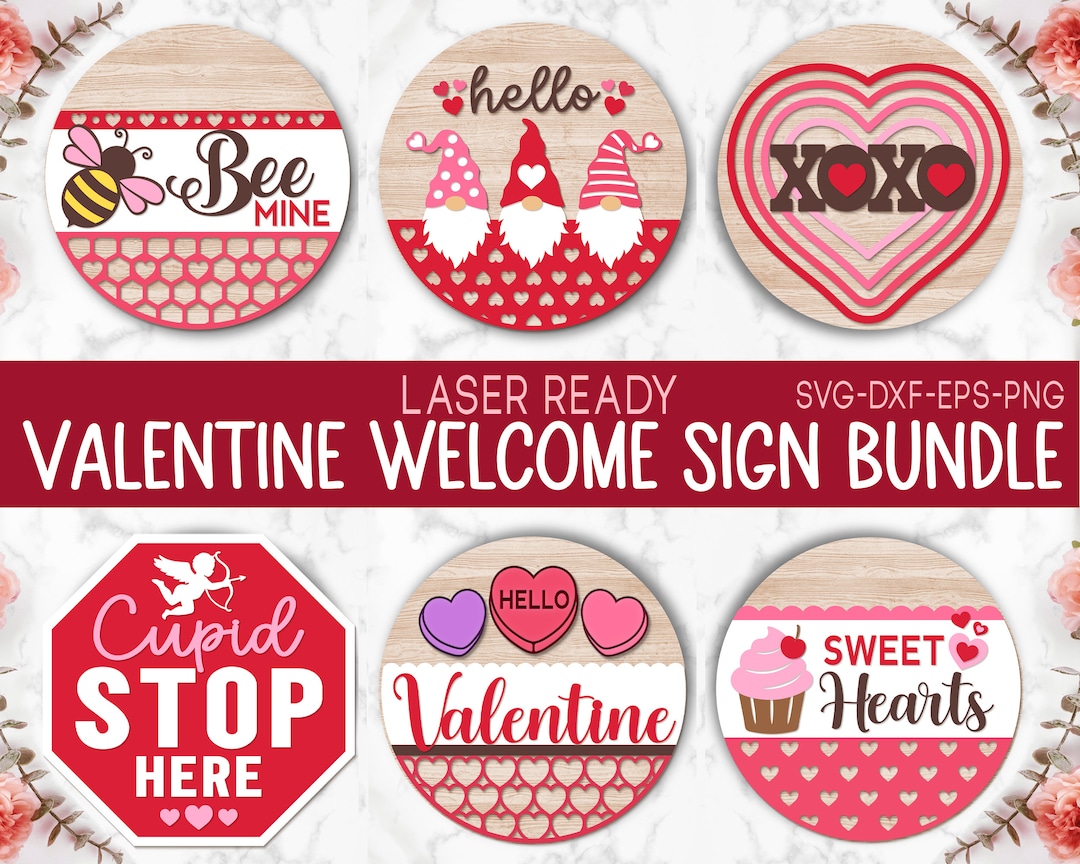 Valentine Welcome Sign Bundle, Valentines Day Door Hanger SVG, Heart ...