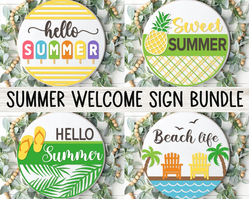Summer Welcome Sign Bundle, Round Door Hanger SVG, Summer Sign Svg ...