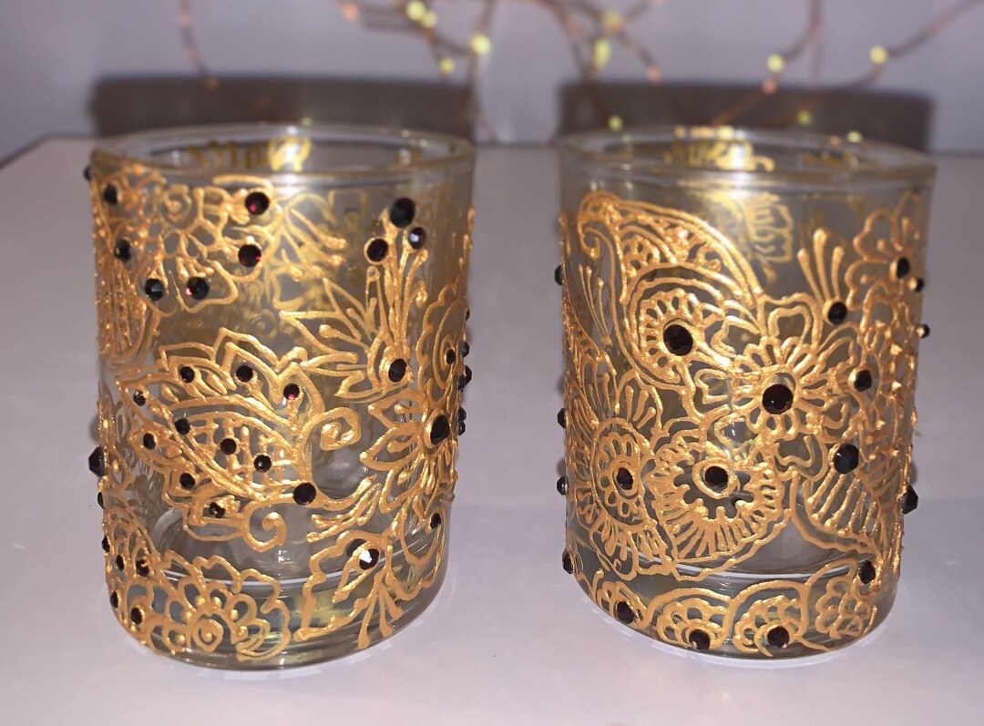 Set of 3 Hand Painted Glass Mini Candle Holder With Gold Design/led/tea ...