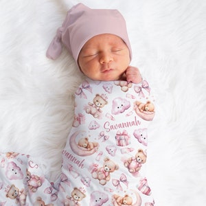 Personalized Pink Bear Swaddle Blanket Bow Moon Name Baby Blanket Newborn Baby Girl Coming Home ...