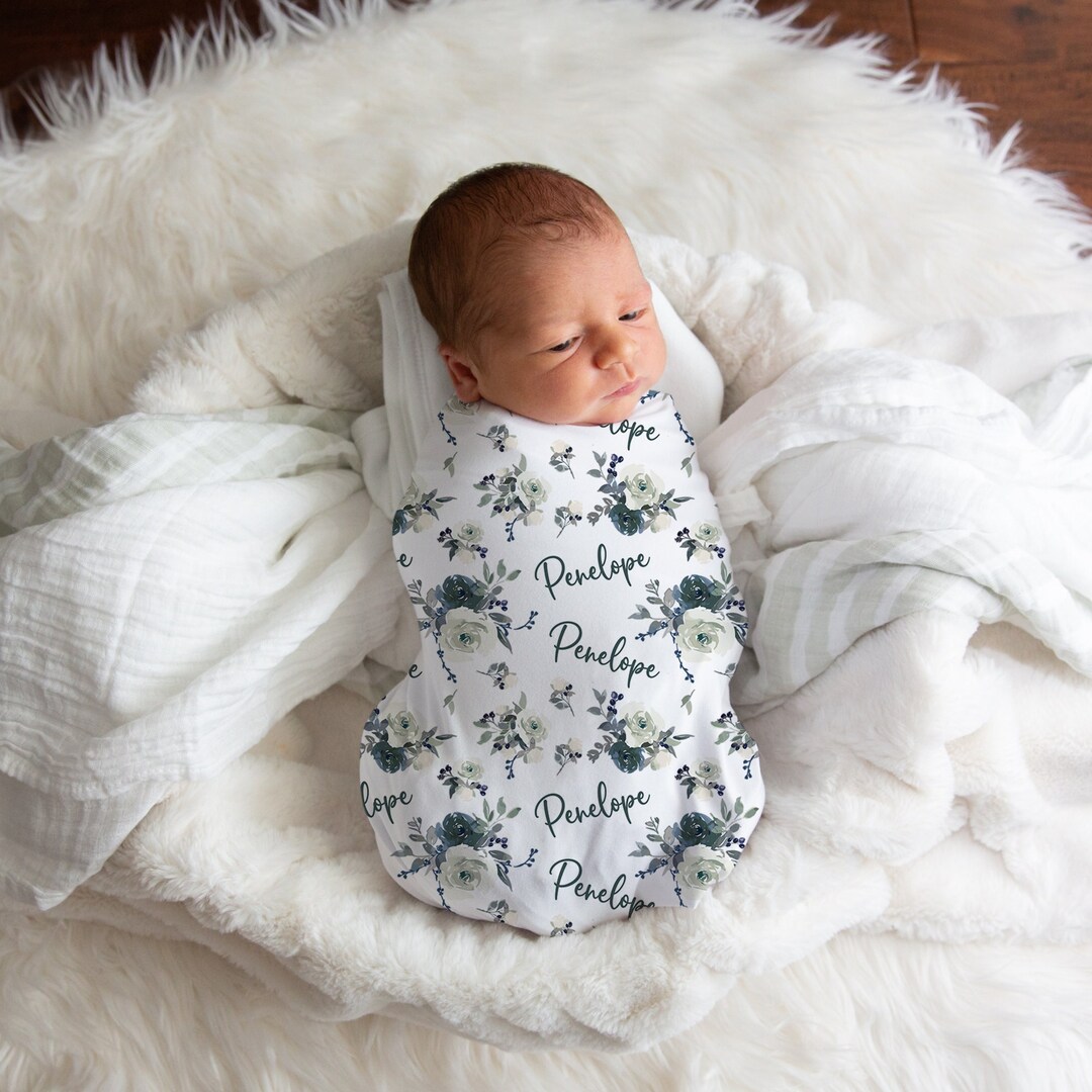 Custom Wildflowers Swaddle, Blue Flowers Baby Girl Name Blanket ...