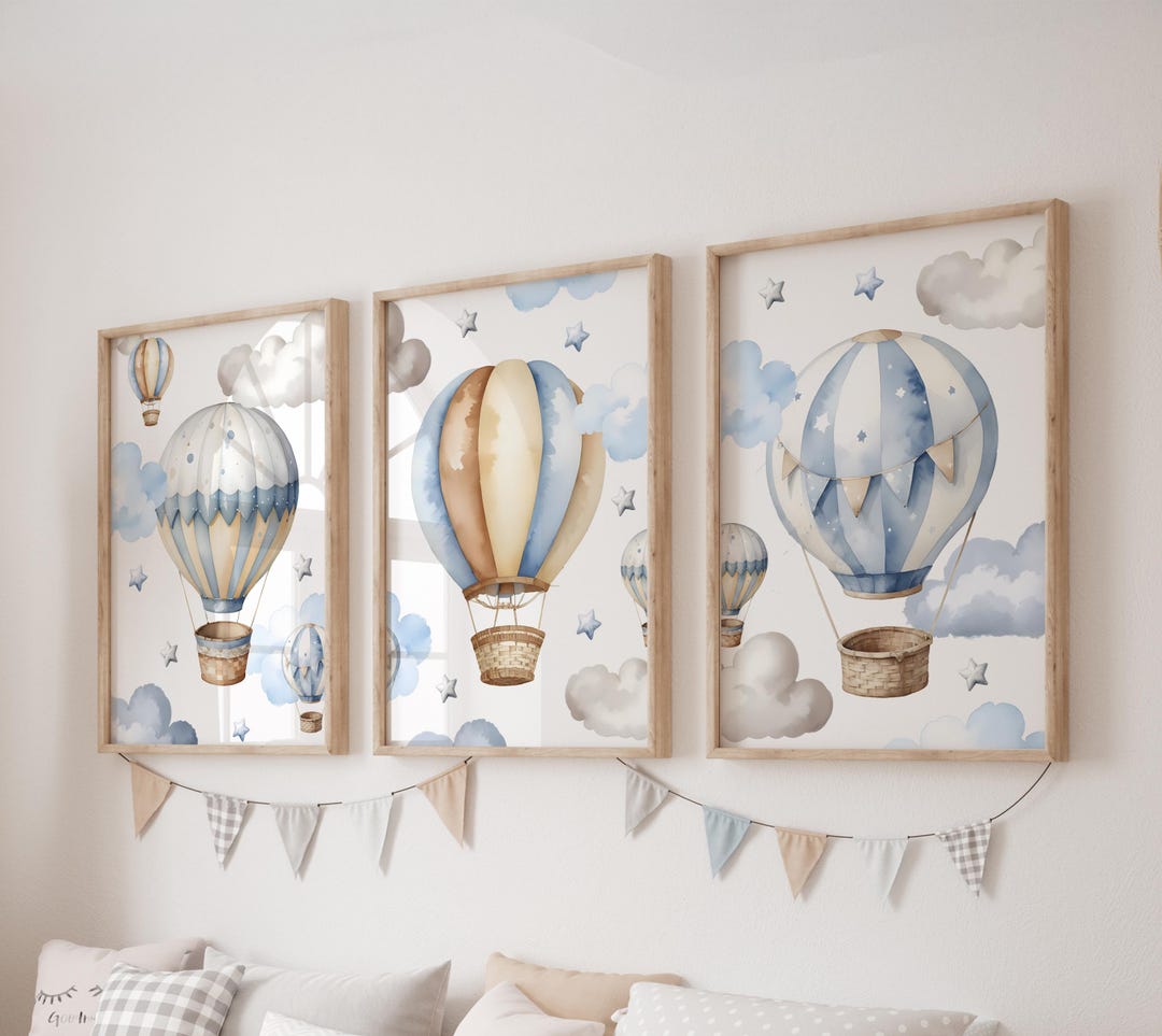 Set of 3 Hot Air Balloon Prints, Adventure Wall Art Set, Stars Posters ...