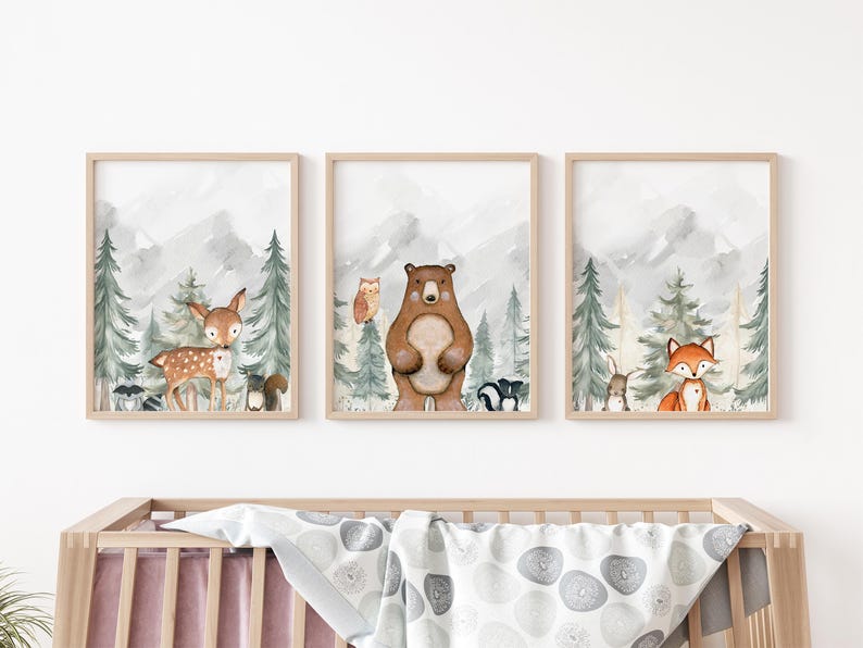 Set of 3 Bear Prints, Rabbit Wall Art Set, Squirrel Posters, Modern Art ...