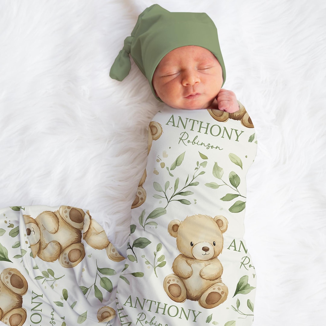 Personalized Teddy Bear Swaddle Blanket Forest Name Baby Blanket Newborn Baby Boy Coming Home ...