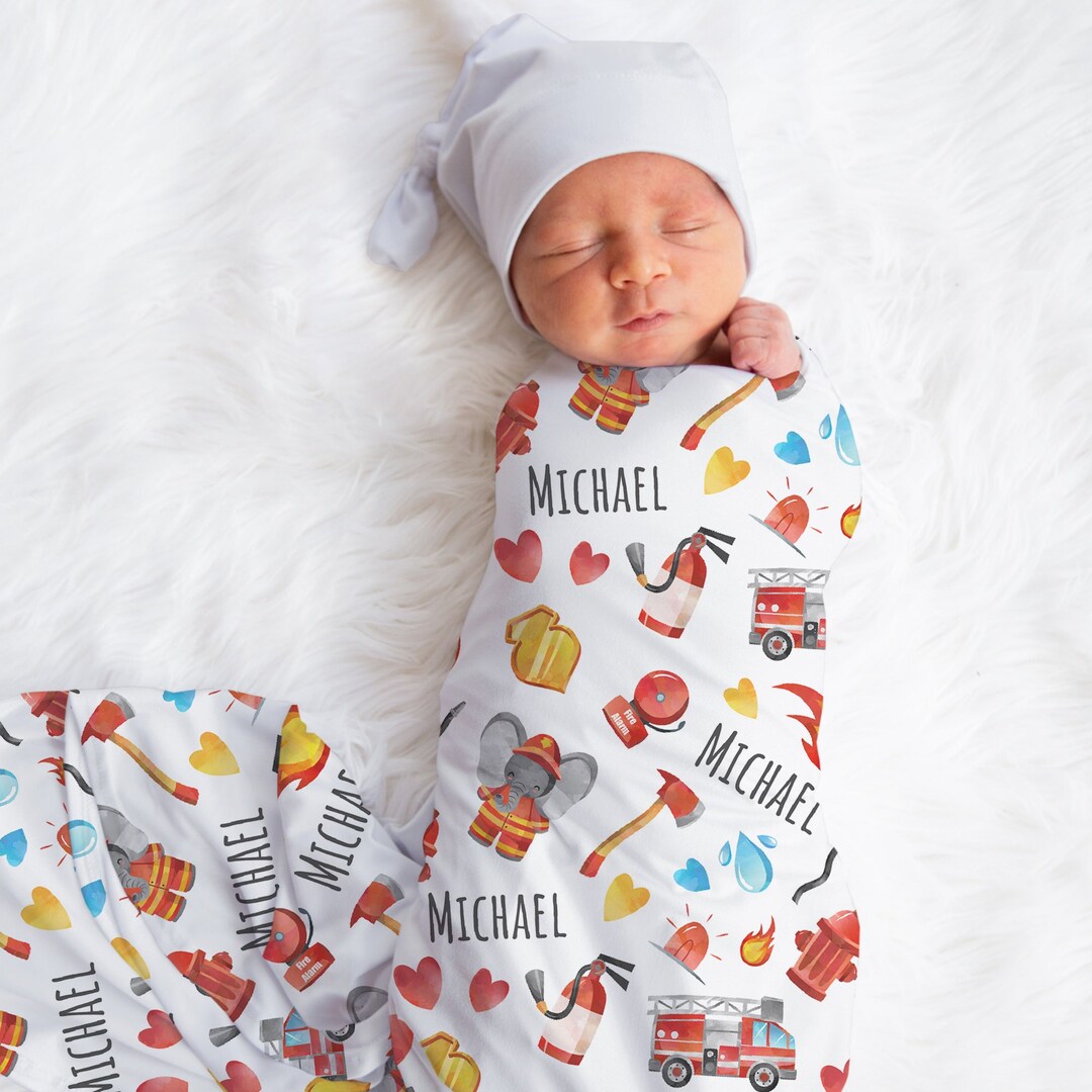 Custom Firefighter Blanket, Baby Boy Fire Truck Swaddle, Personalized ...