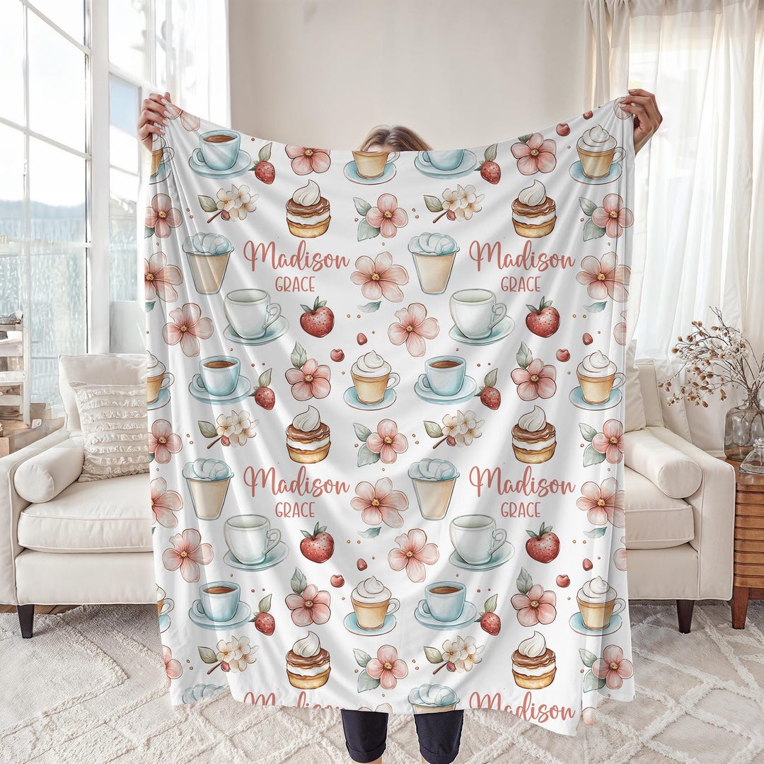 Tea Time Nursery Baby Blanket, Personalized Dessert Name Swaddle Baby ...