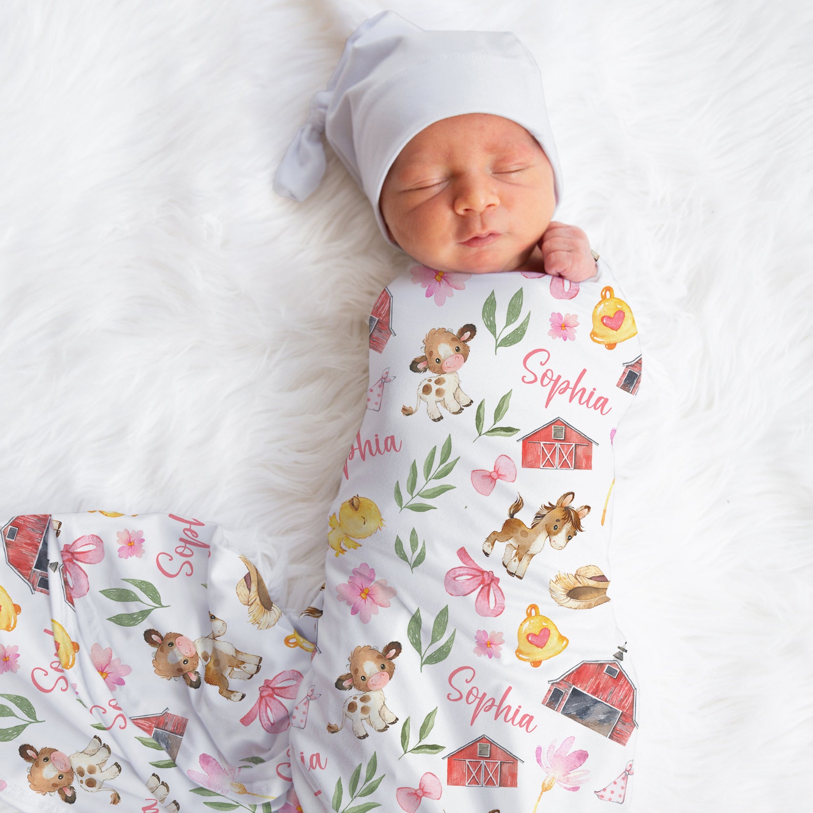 Floral Farm Animals Swaddle, Custom Baby Girl Name Blanket, Pink Cow ...