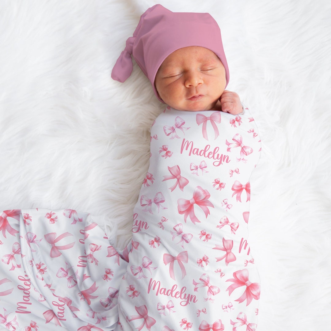Personalized Pink Bow Swaddle Blanket Pink Bow Name Baby Blanket ...
