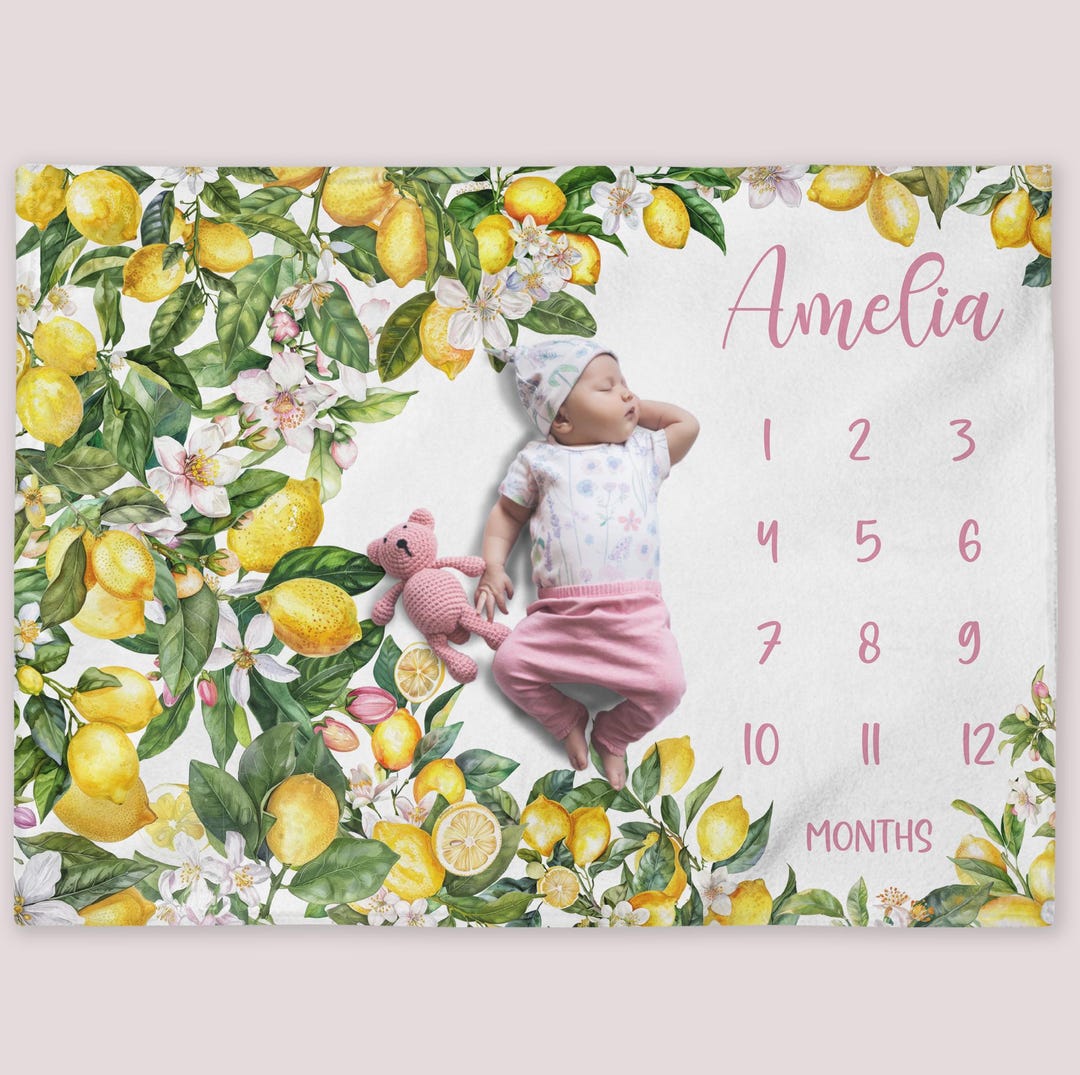 Fruits Milestone Blanket, Personalized Lemon Baby Girl Month Blanket ...