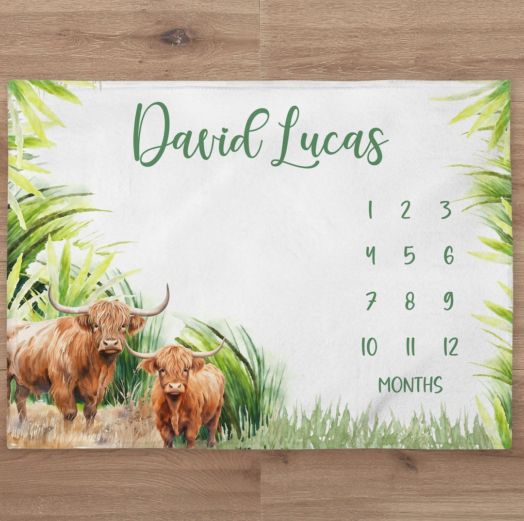 Highland Cow Milestone Blanket Personalized Baby Boy Month Blanket Farm ...