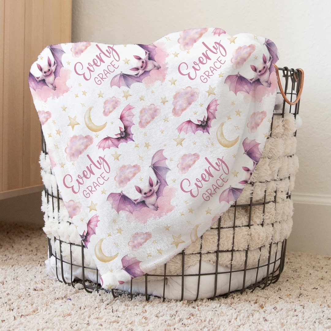 Purple Bat Nursery Baby Blanket, Personalized Moon Stars Name Swaddle ...