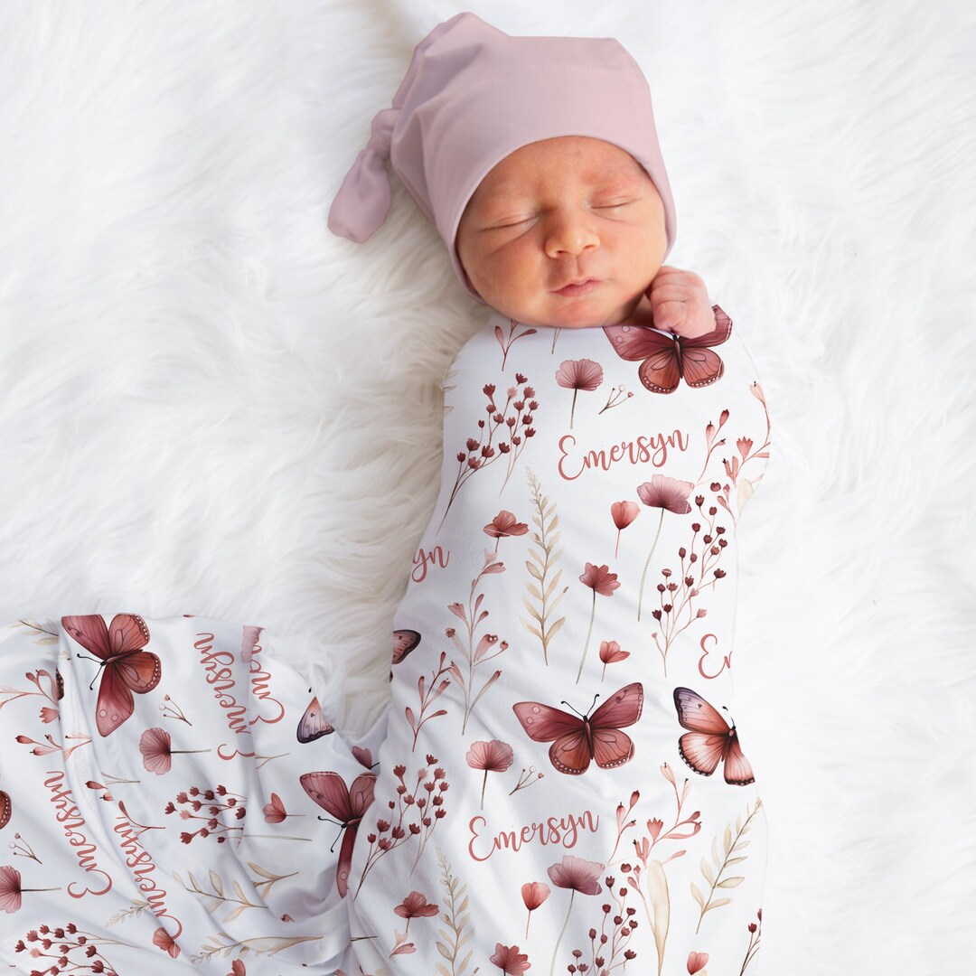 Pink Butterfly Swaddle, Custom Flowers Baby Name Blanket, Personalized ...