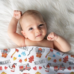 Custom Firefighter Blanket, Baby Boy Fire Truck Swaddle, Personalized ...
