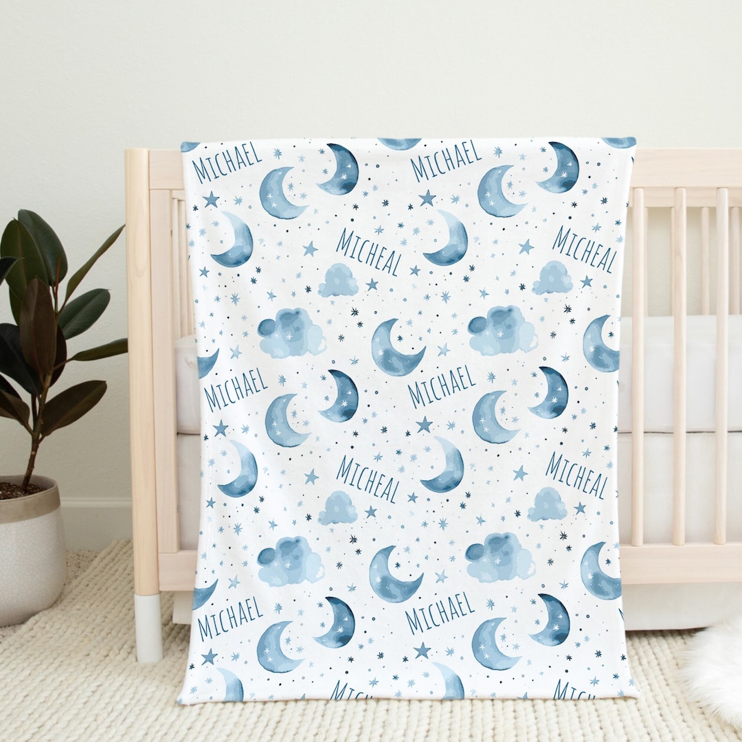 Moon Name Blanket, Custom Moon and Stars Boy Name Swaddle, Personalized ...