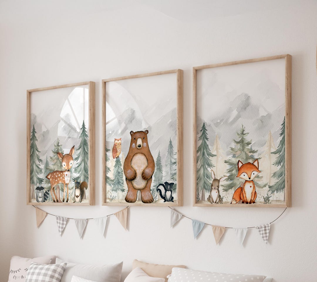 Set of 3 Bear Prints, Rabbit Wall Art Set, Squirrel Posters, Modern Art ...