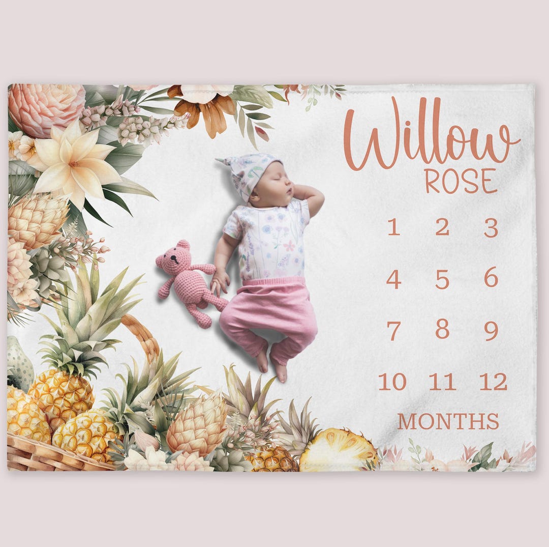 Pineapple Milestone Blanket, Personalized Fruits Baby Girl Month ...