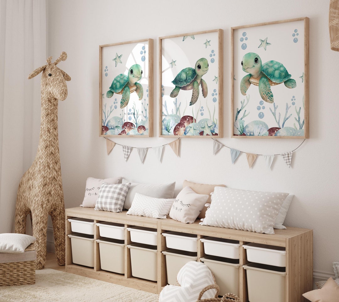 Set of 3 Turtle Prints, Ocean Wall Art Set, Underwater Posters, Modern ...