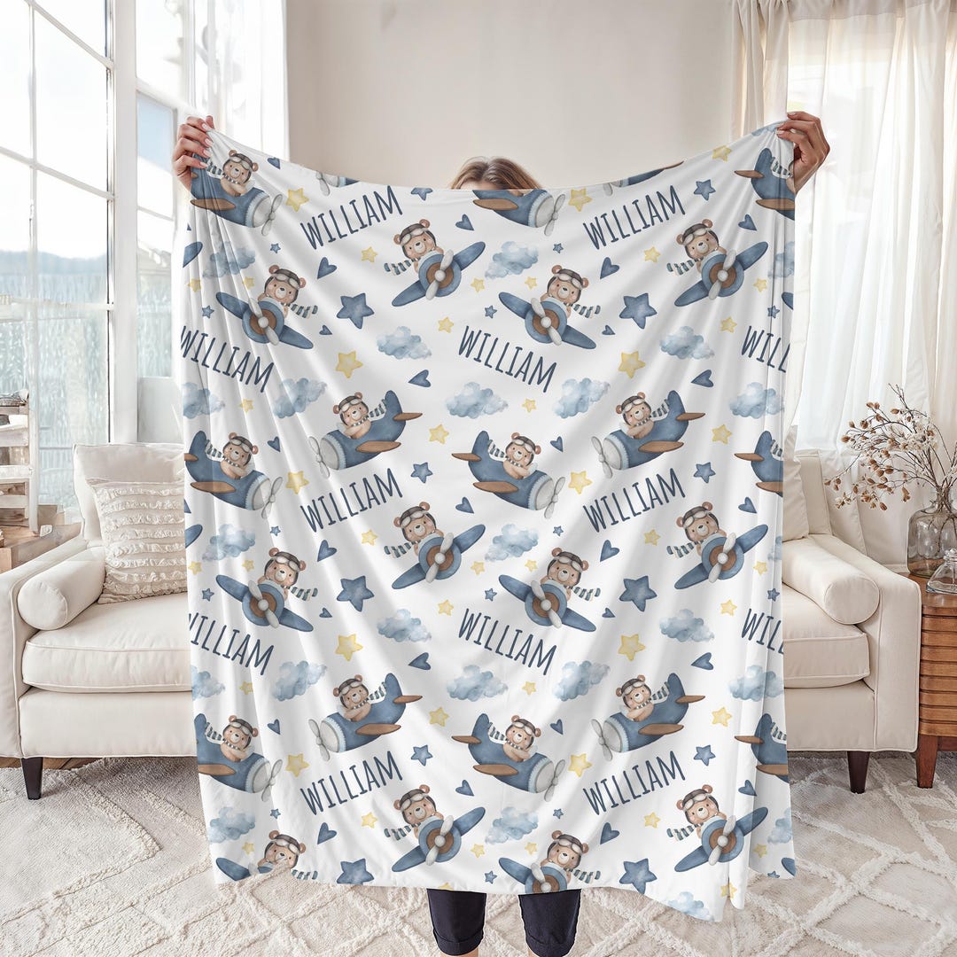 Teddy Bear Nursery Baby Blanket, Personalized Airplane Name Swaddle ...