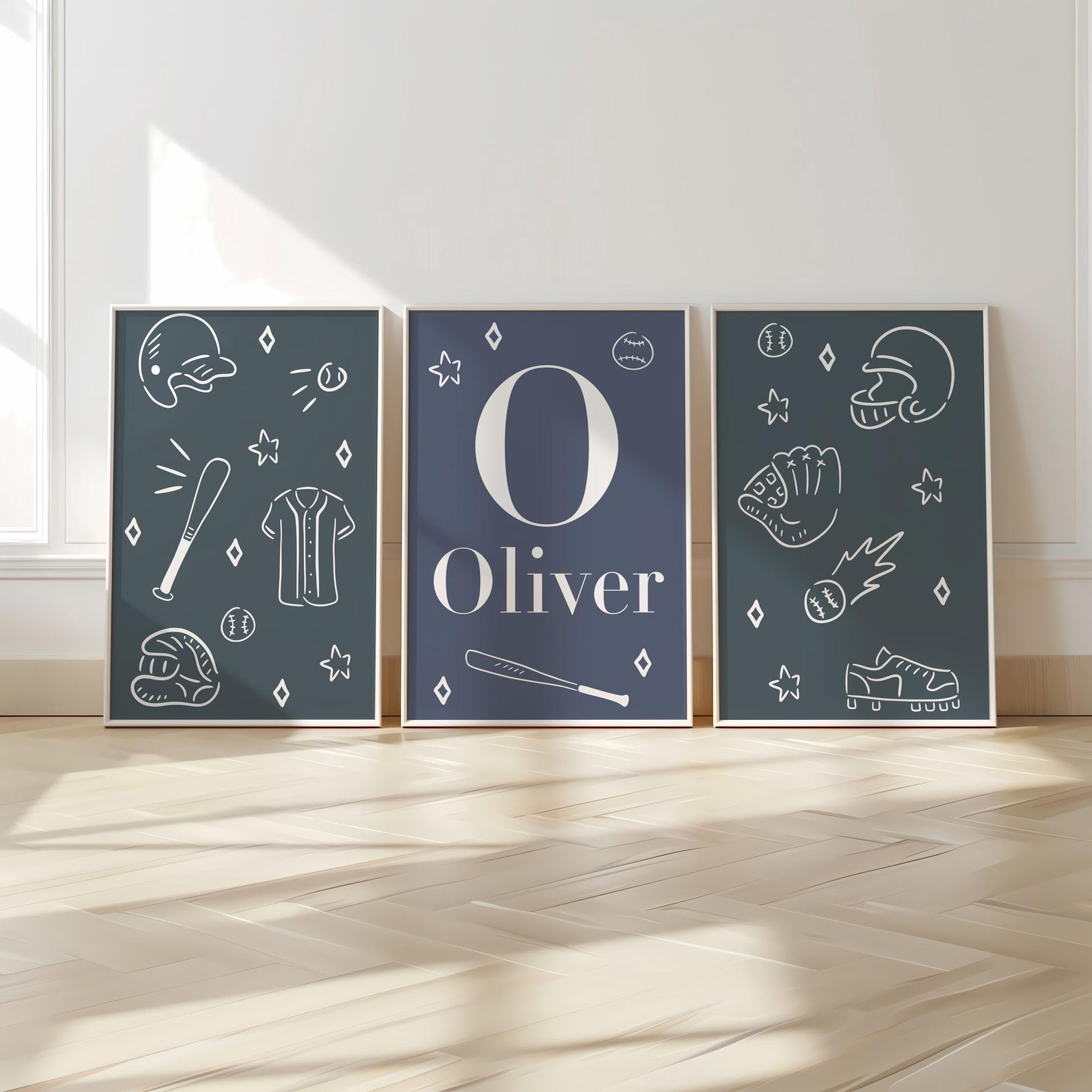 Custom Baseball Prints, Set of 3 Sports Nursery Wall Art, Boho, Sport ...