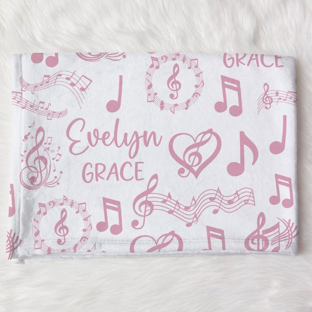 Pink Music Notes Nursery Baby Blanket, Personalized Music Name Swaddle ...