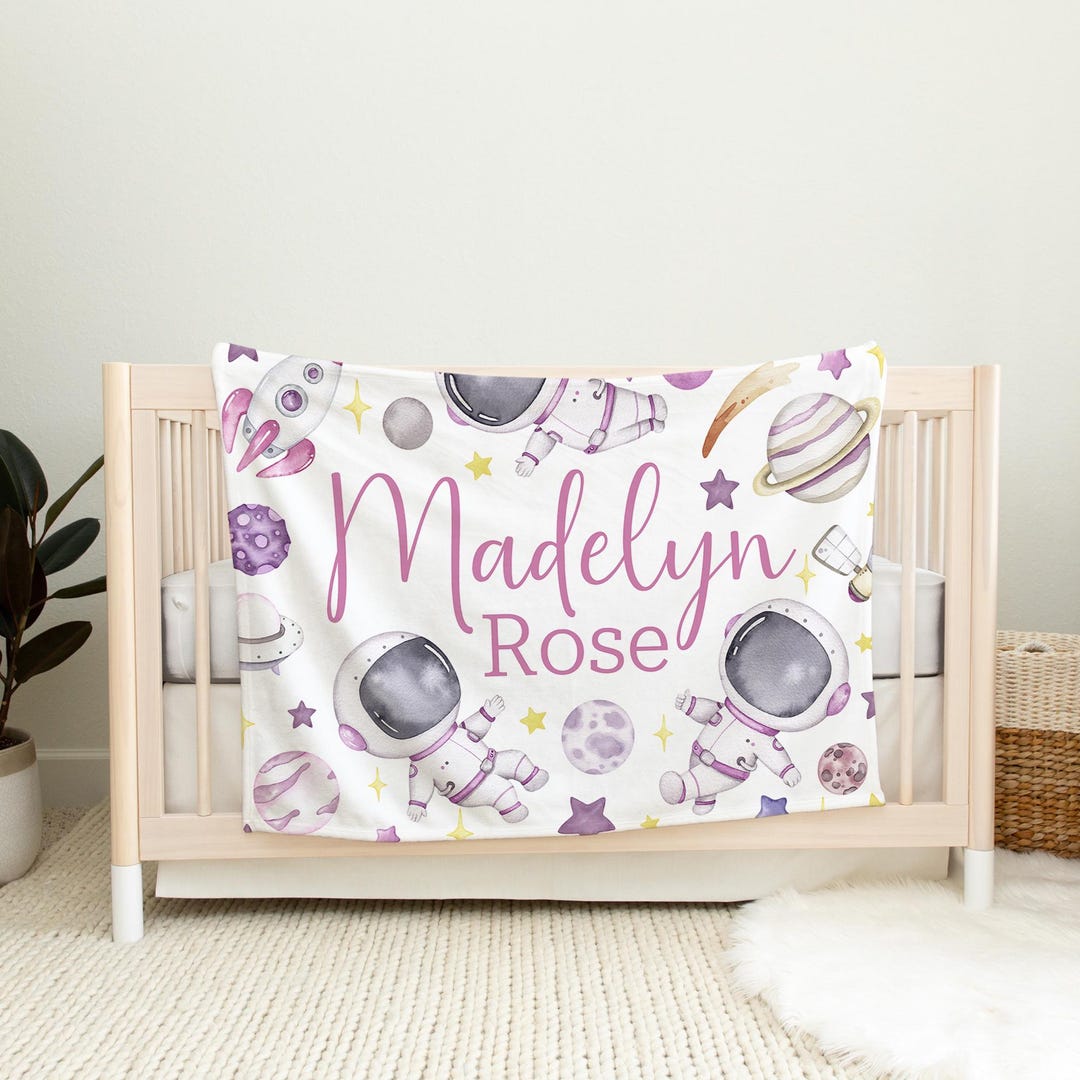 Purple Rockets Blanket, Custom Girl Space Nursery, Planets Crib Bedding ...