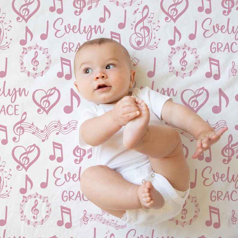 Pink Music Notes Nursery Baby Blanket, Personalized Music Name Swaddle ...