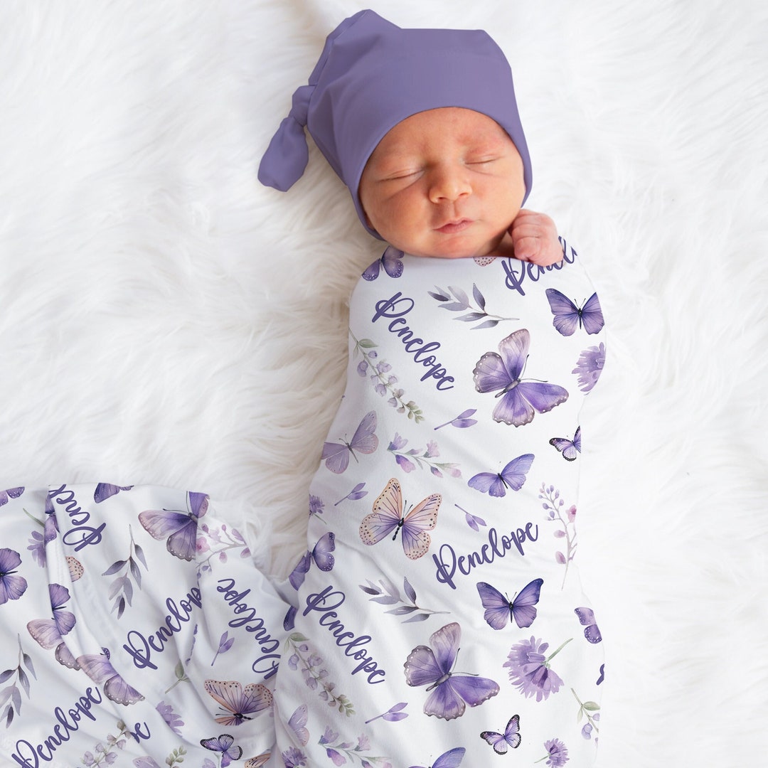 Personalized Purple Butterfly Swaddle Blanket Name Baby Blanket Newborn ...