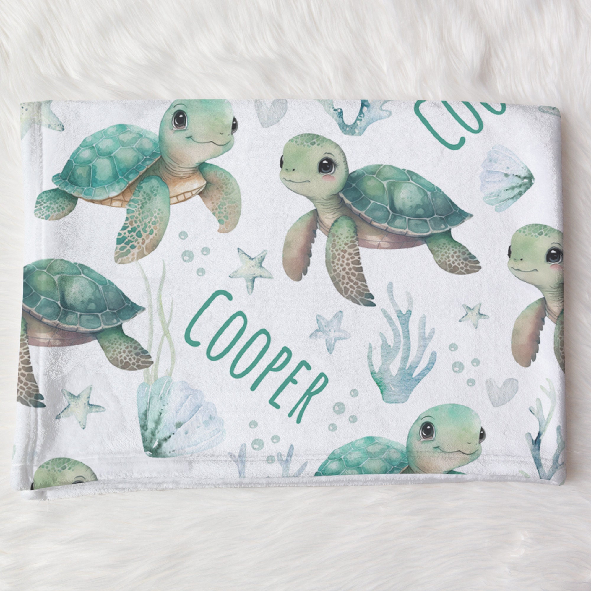 Custom Turtle Baby Name Blanket Personalized Ocean Animal Swaddle ...