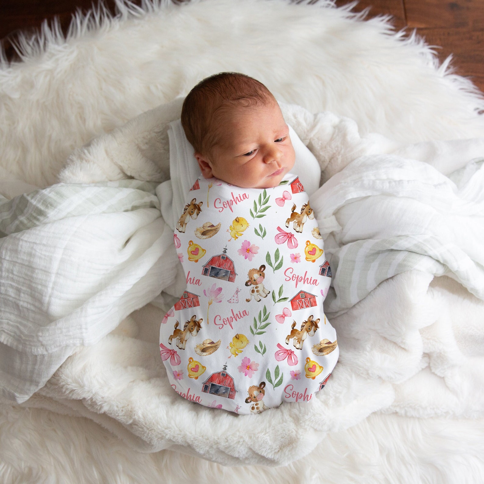 Floral Farm Animals Swaddle, Custom Baby Girl Name Blanket, Pink Cow ...