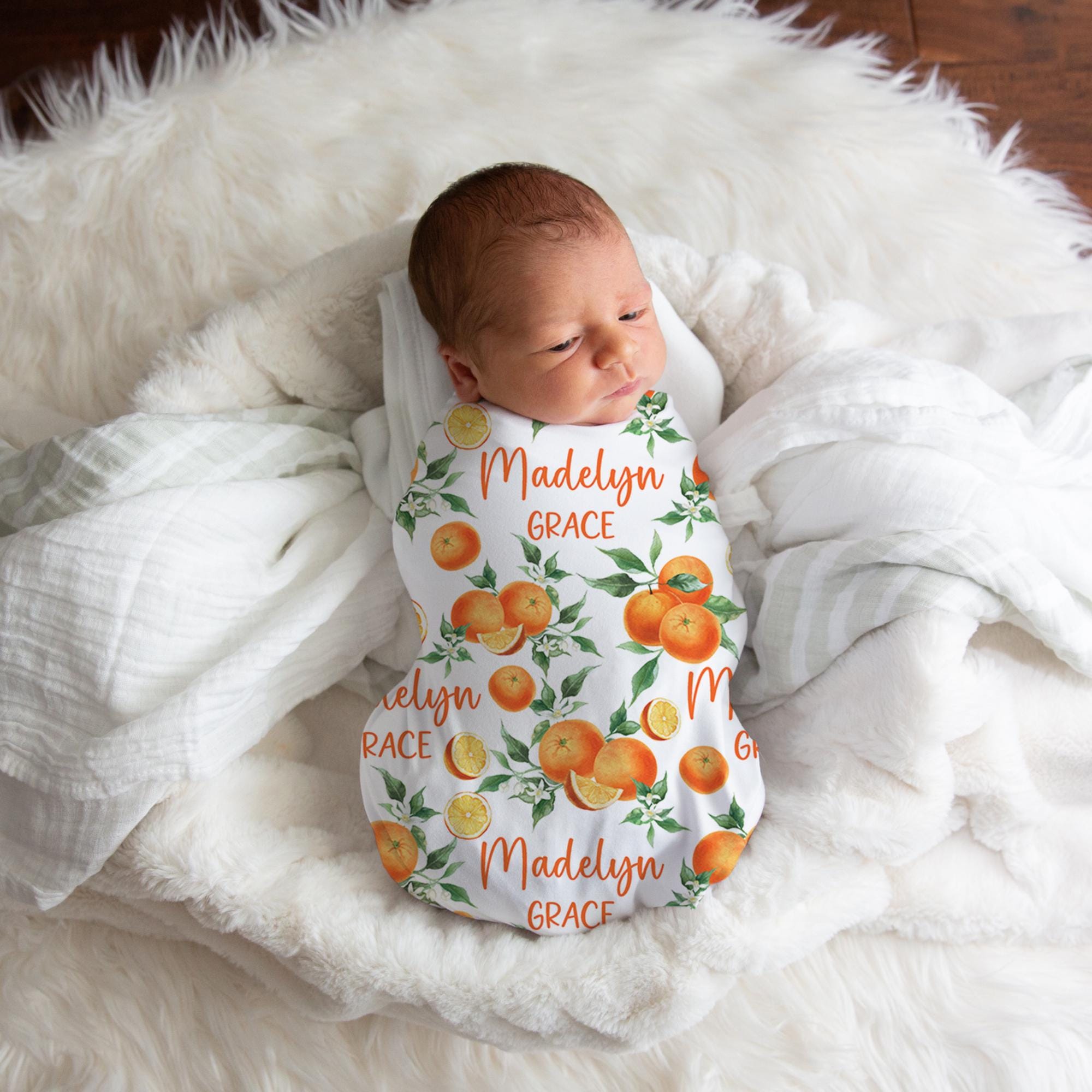 Custom Orange Nursery Baby Name Blanket, Personalized Fruits Swaddle ...