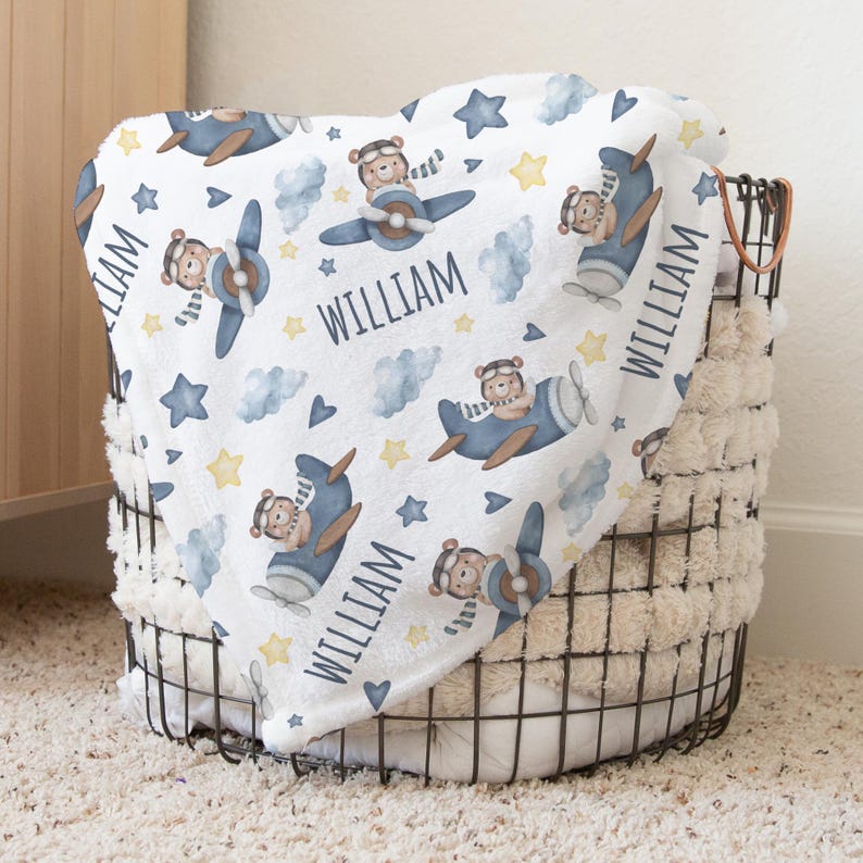 Teddy Bear Nursery Baby Blanket, Personalized Airplane Name Swaddle ...