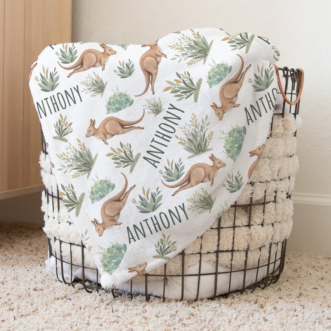Custom Kangaroo Nursery Baby Name Blanket, Personalized Safari Swaddle ...