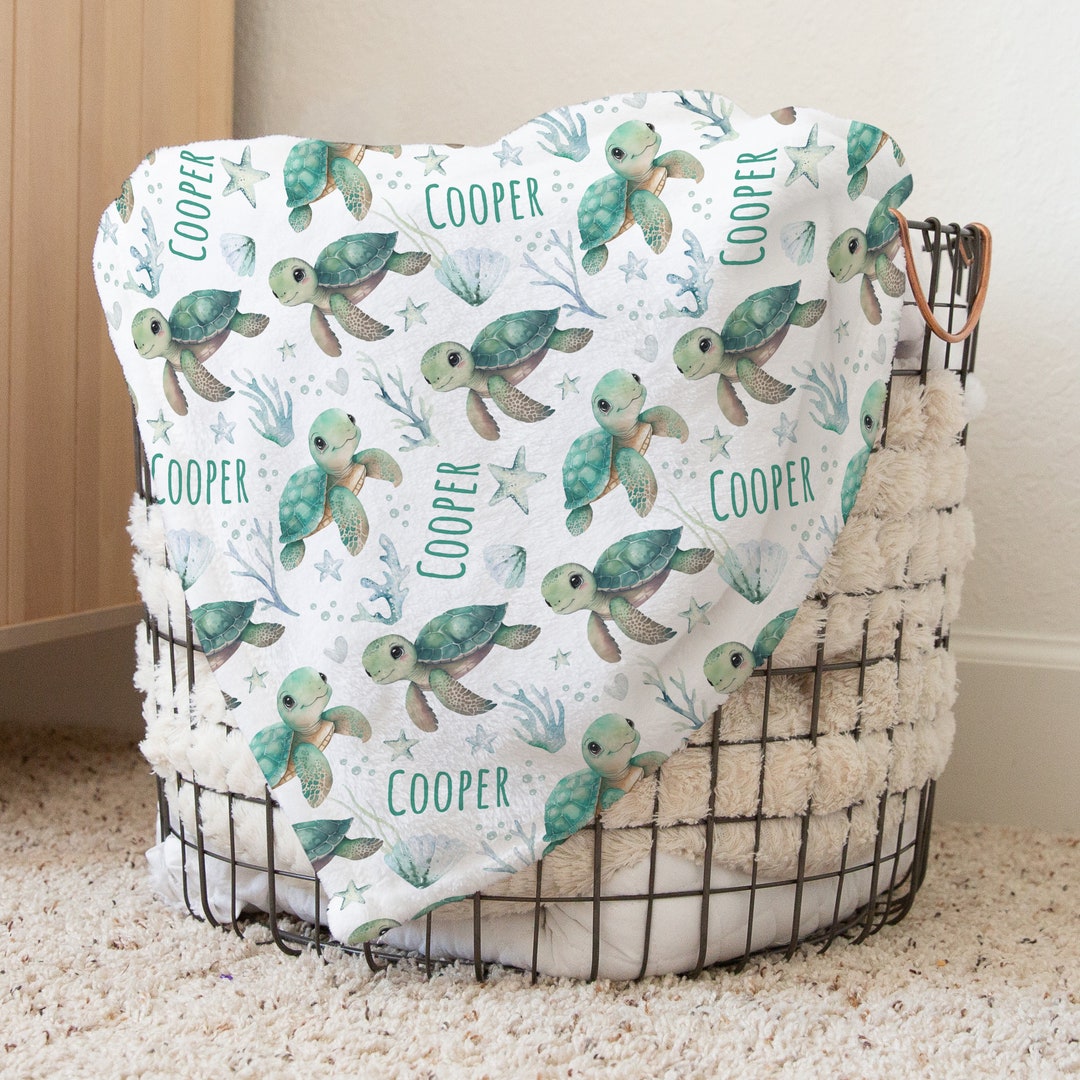 Custom Turtle Baby Name Blanket Personalized Ocean Animal Swaddle ...