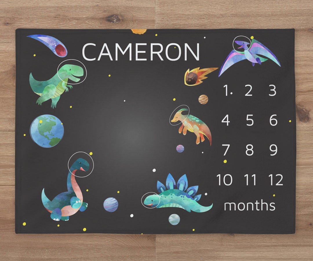 Baby Milestone Blanket, Custom Space Month Blanket, Space Dinosaur Baby ...