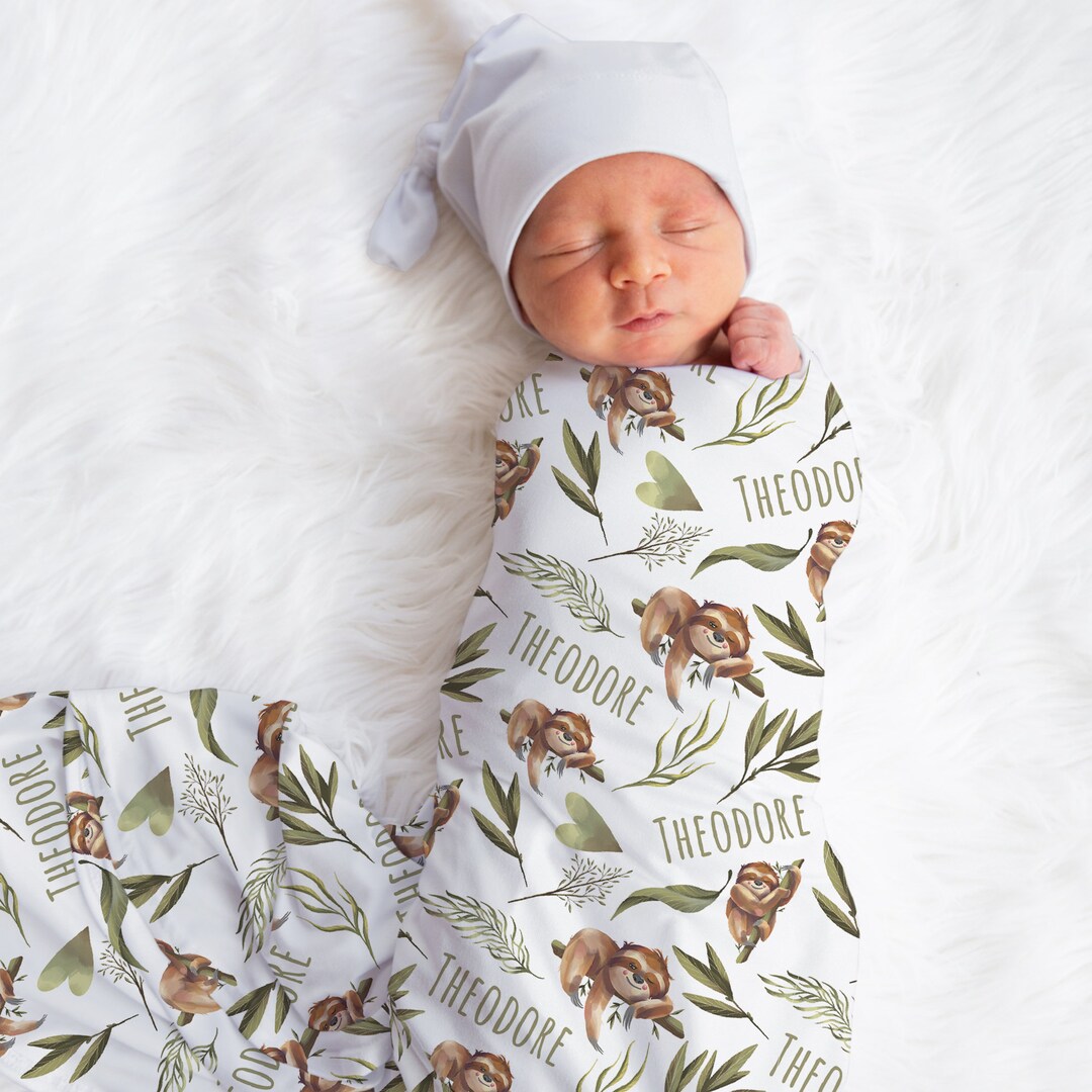 Custom Sloth Name Blanket, Personalized Baby Boy Sloth Swaddle, Green ...