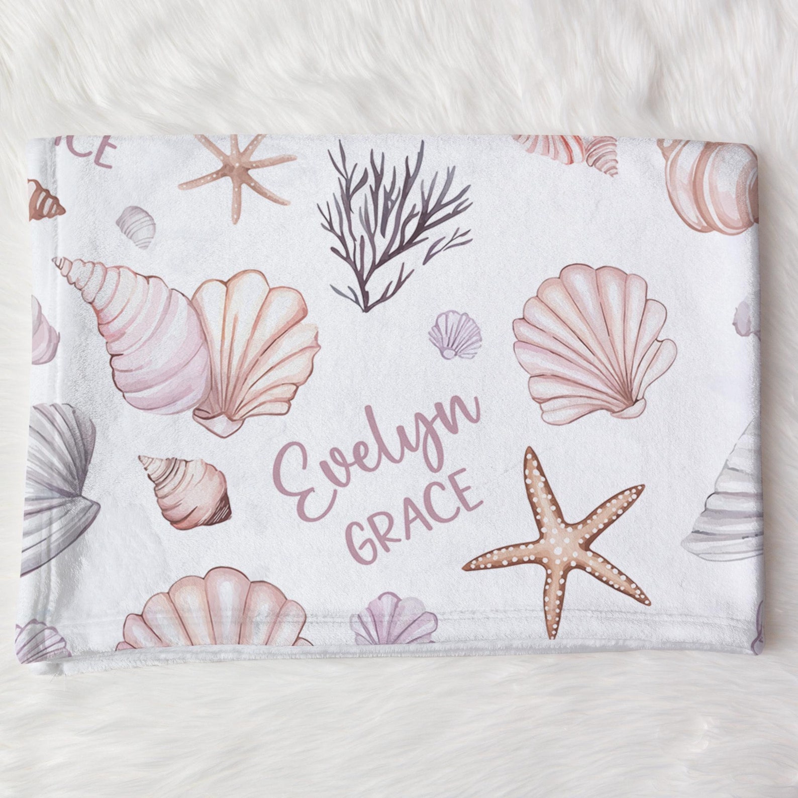Custom Shells Swaddle Blanket Sea Shells Name Baby Blanket Ocean ...