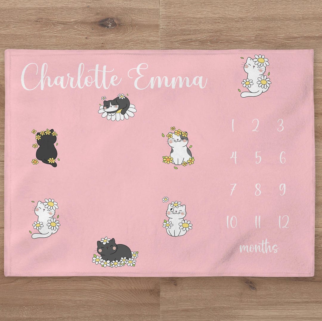 Cats Milestone Blanket Personalized Floral Cat Baby Girl Month Blanket ...
