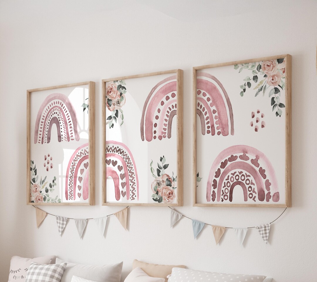 Set of 3 Boho Rainbow Prints, Floral Wall Art Set, Rainbow Posters ...