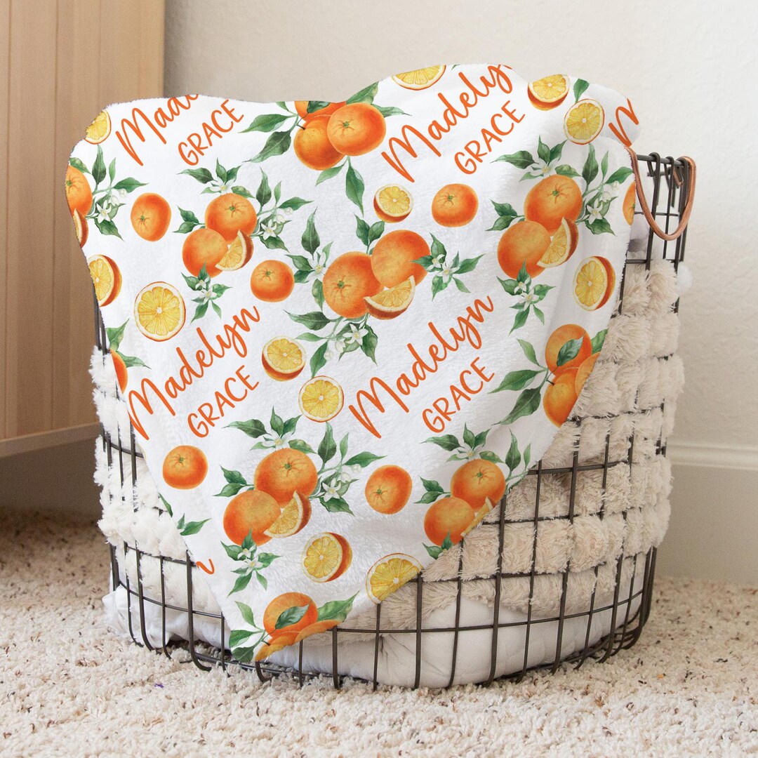 Custom Orange Nursery Baby Name Blanket, Personalized Fruits Swaddle ...