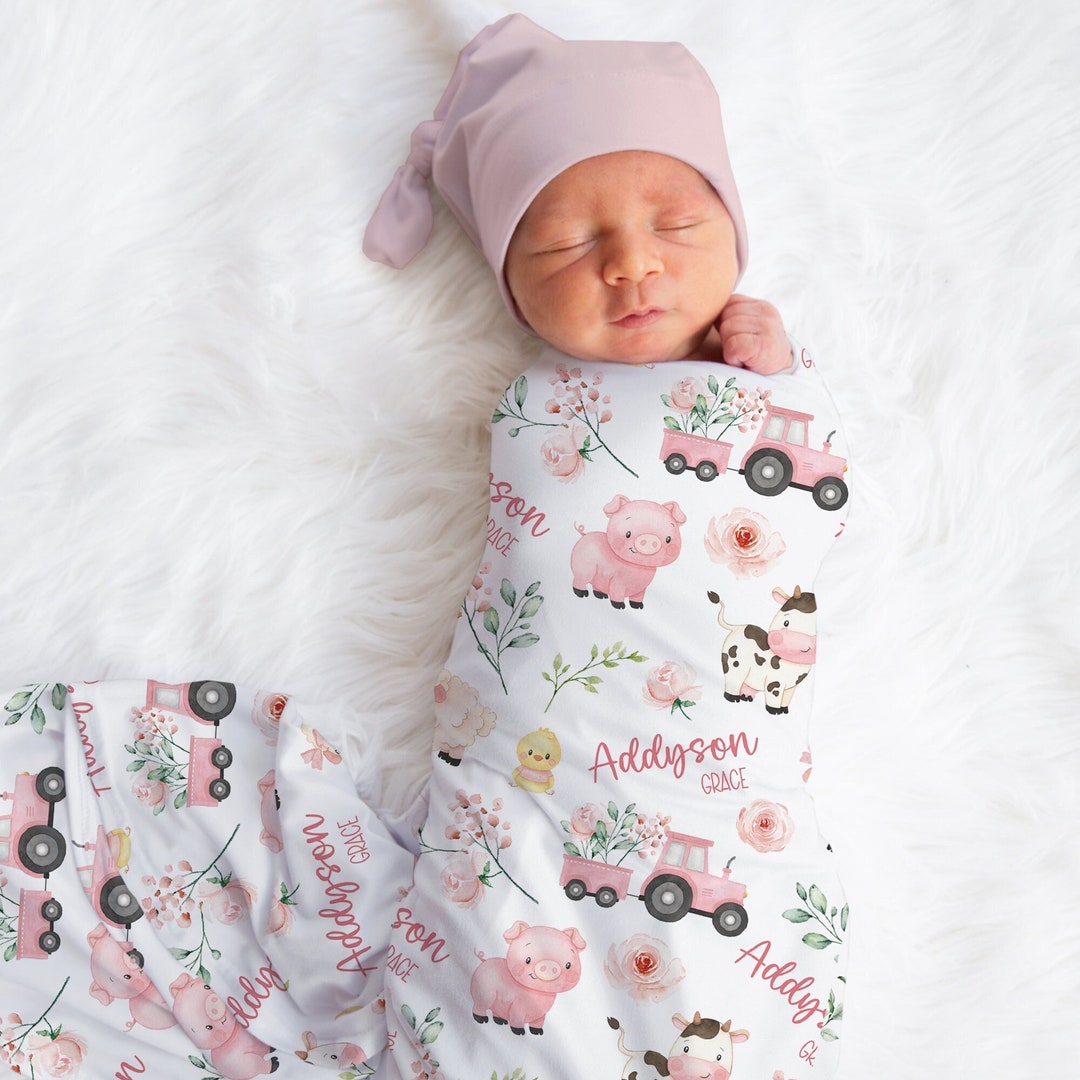 Floral Farm Animals Swaddle, Custom Baby Girl Name Blanket, Pink ...