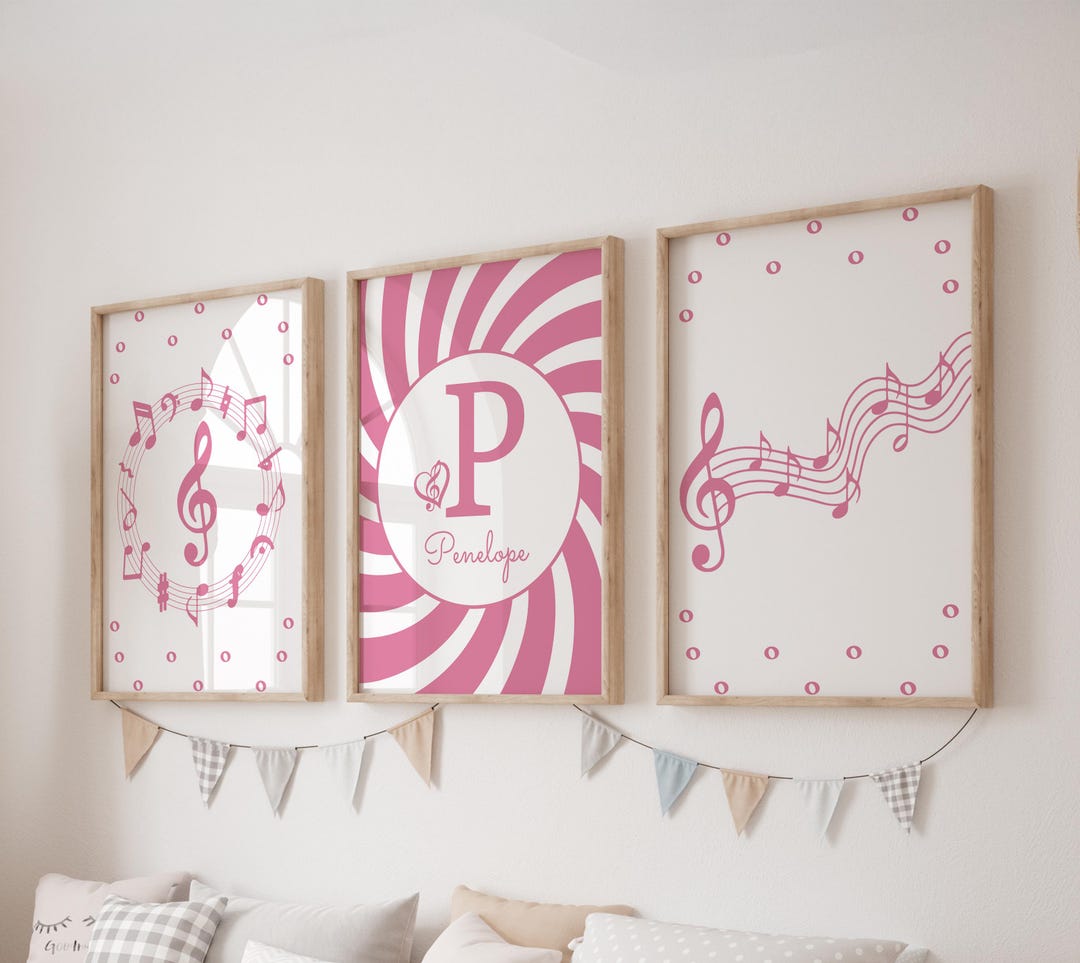 Custom Music Prints, Set of 3 Pink Notes Nursery Wall Art, Boho, Baby ...