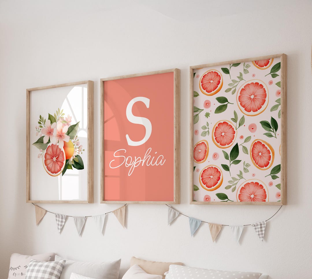 Custom Grapefruit Prints, Set of 3 Fruit Nursery Wall Art, Boho, Baby ...