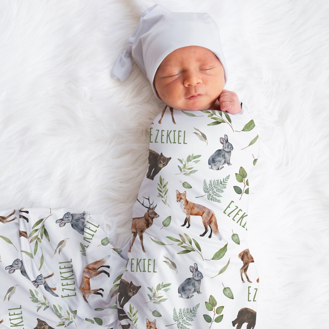 Baby Boy Woodland Animals Name Swaddle, Custom Forest Blanket ...