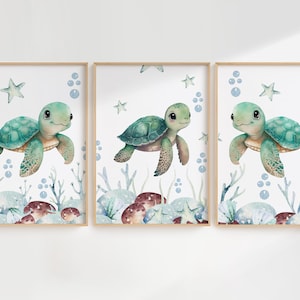 Set of 3 Turtle Prints, Ocean Wall Art Set, Underwater Posters, Modern ...